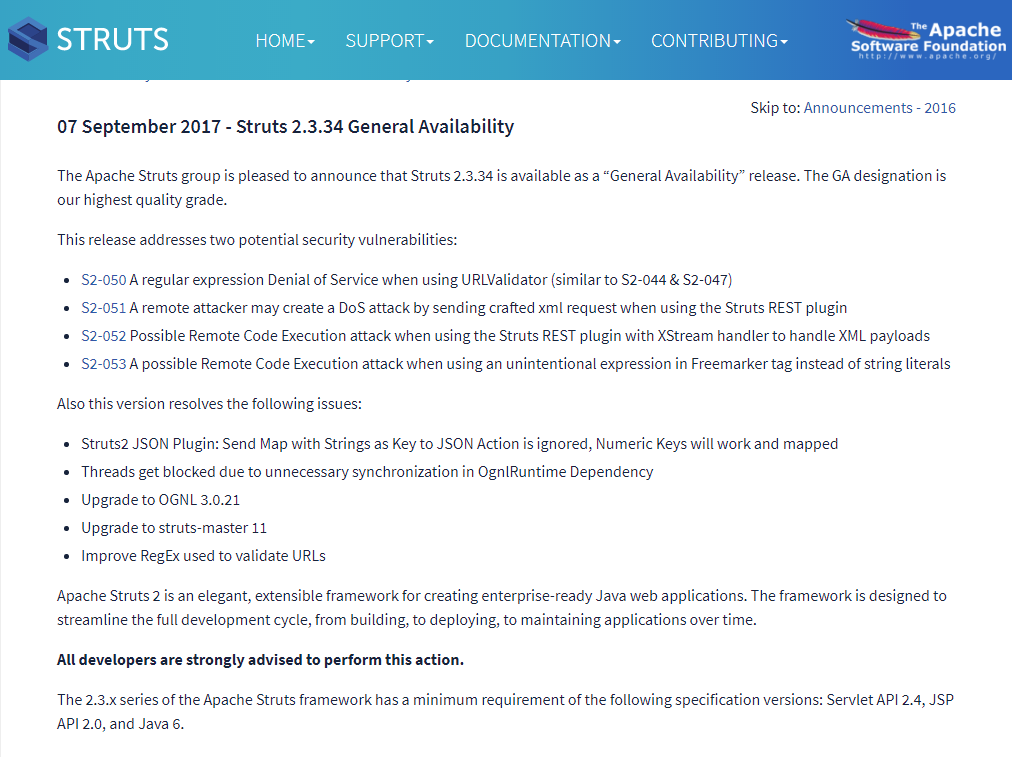 「Apache Struts 2」のRCE脆弱性、5日に引き続き情報公開、「2.5.10」以前に影響、危険度“Moderate ...