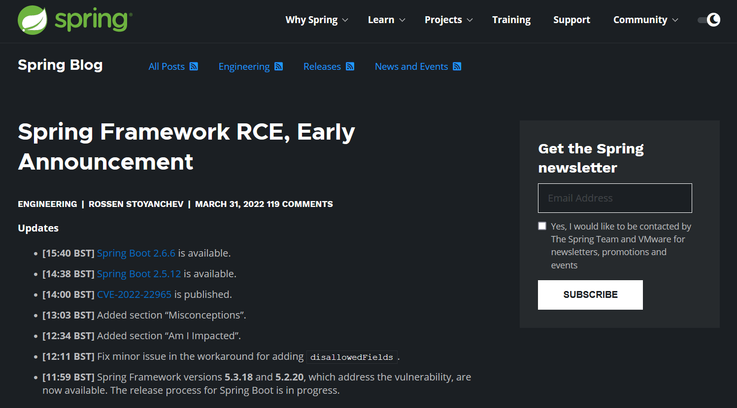 「Spring Framework」に深刻な脆弱性、「Spring4Shell」に対処したバージョンを公開 - INTERNET Watch